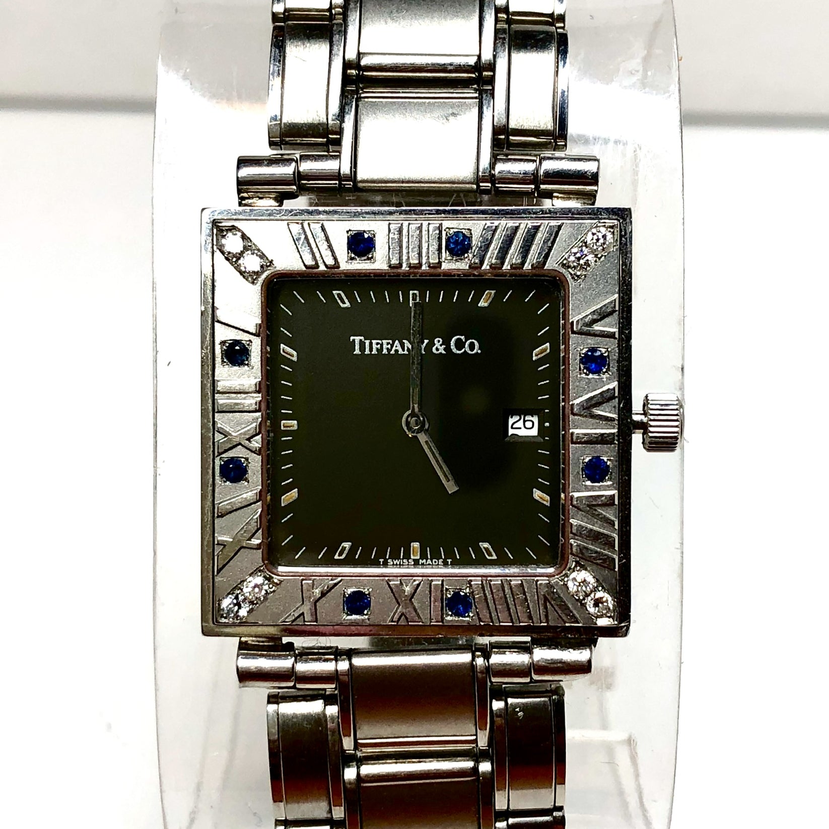 TIFFANY & CO. ATLAS Date 28mm Quartz Steel DIAMONDS & Blue SAPPHIRES W ...